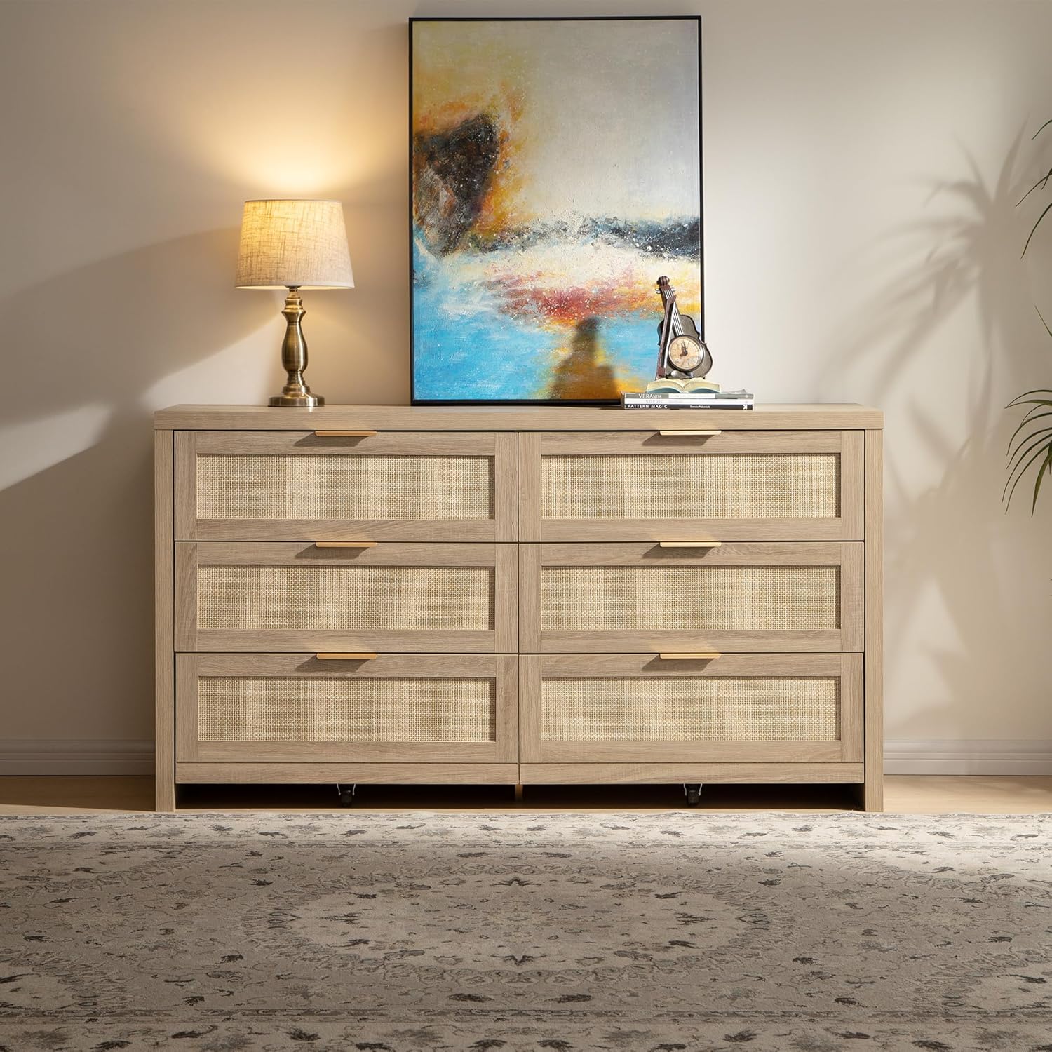 Savanna 6 Drawers Wood Dresser 56.9In Wide Chest of Drawers Storage ...